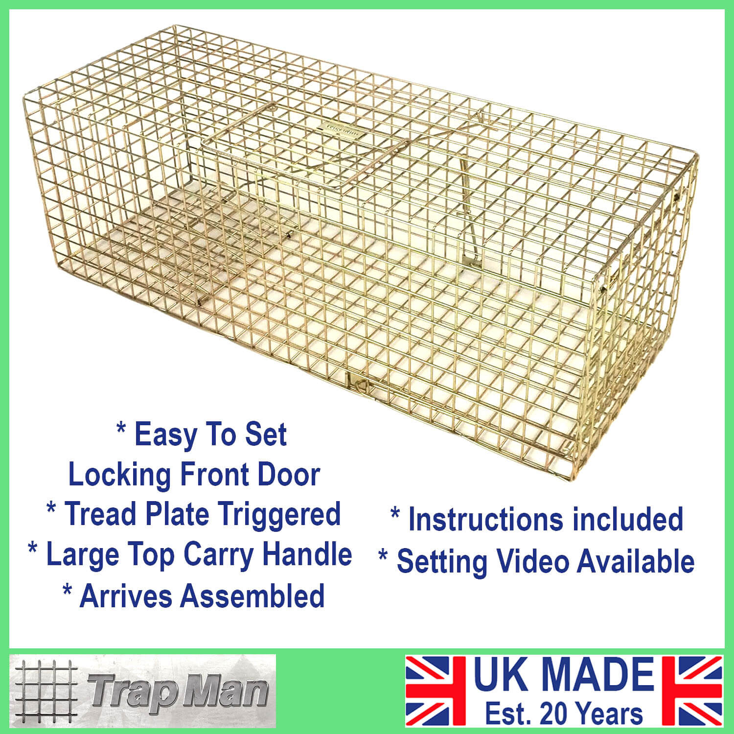 The trapman pro rabbit trap has a spring loaded door with a locking bar ...